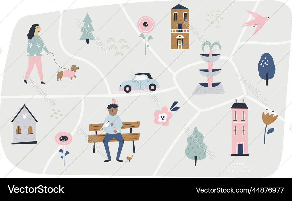 Cute city map with streets parks people Royalty Free Vector