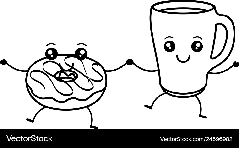 Coffee cup with sweet donuts kawaii characters Vector Image