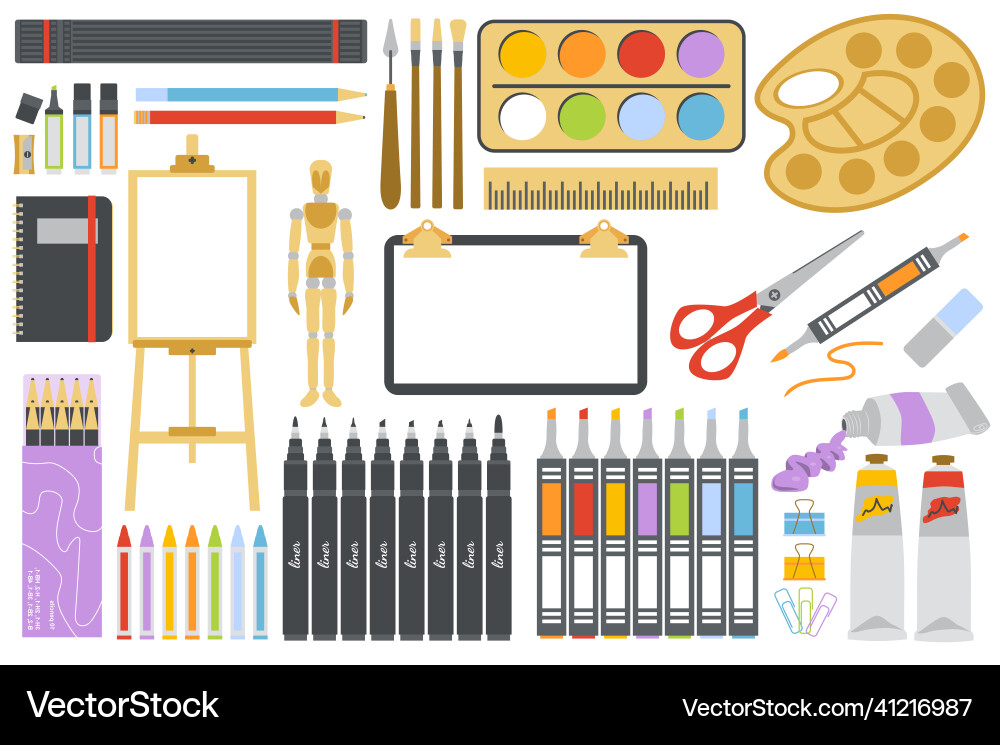Artist drawing tools set in flat cartoon design Vector Image