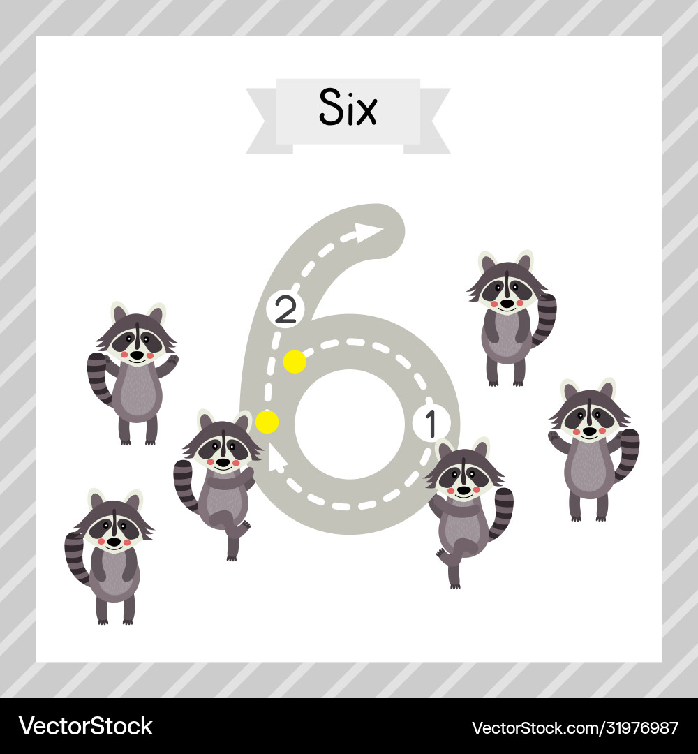 Number 6 animal tracing flash card Royalty Free Vector Image