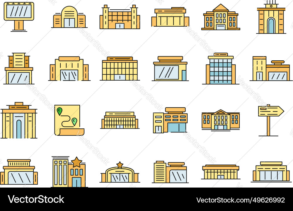 Exhibition center icon set color Royalty Free Vector Image