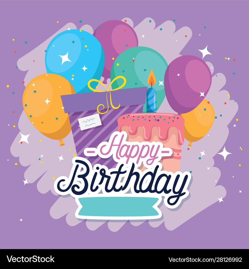 Happy birthday gift cake and balloons Royalty Free Vector
