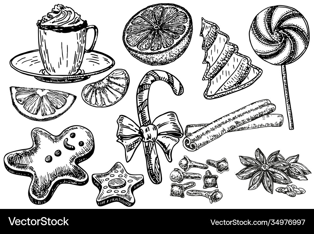 Christmas sweets set hand drawing sketch Vector Image