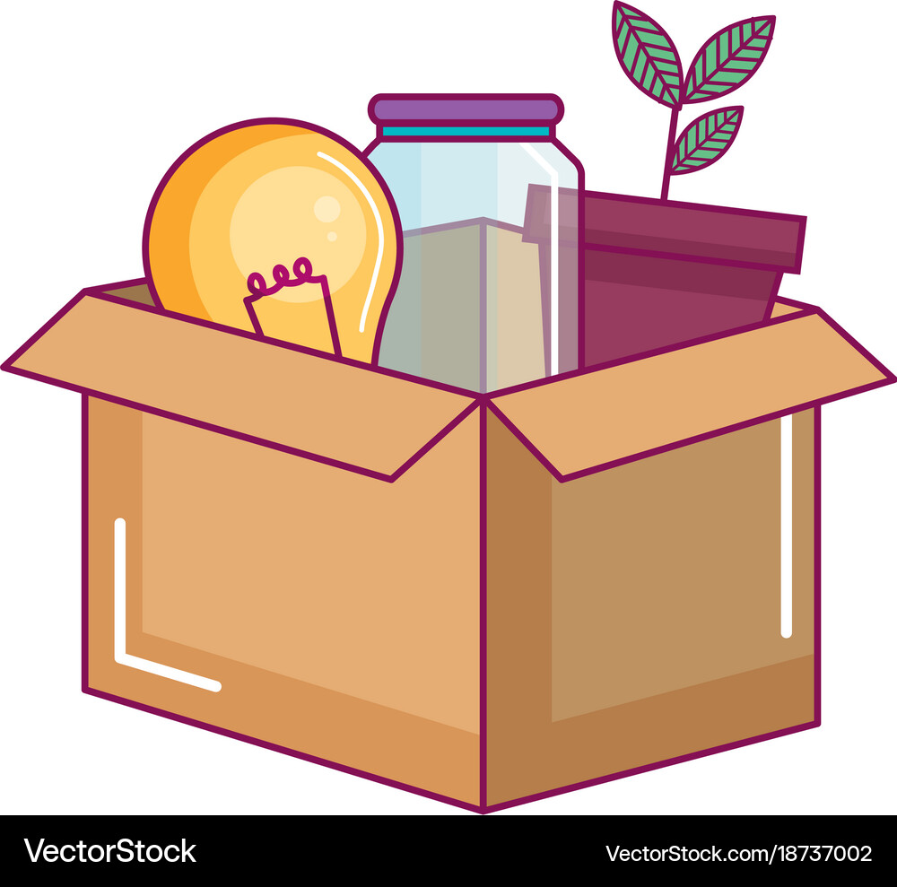 Carton box with bulb and plant Royalty Free Vector Image