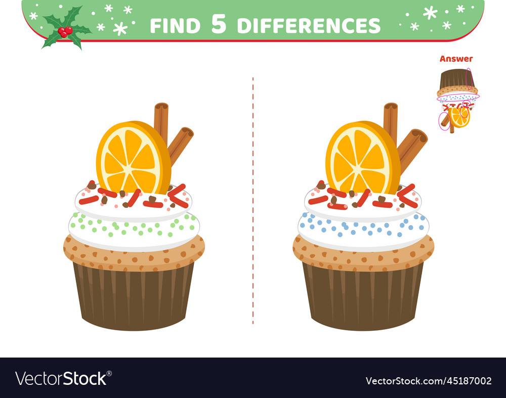 Dessert with orange cupcake find 5 differences Vector Image