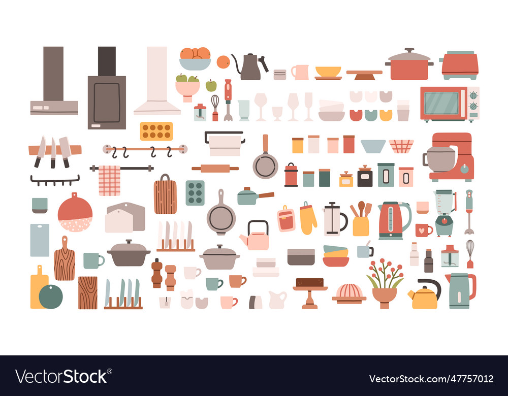 Kitchen decor tableware set cute decor Royalty Free Vector