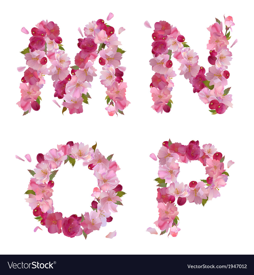 Spring alphabet with cherry flowers mnop Vector Image
