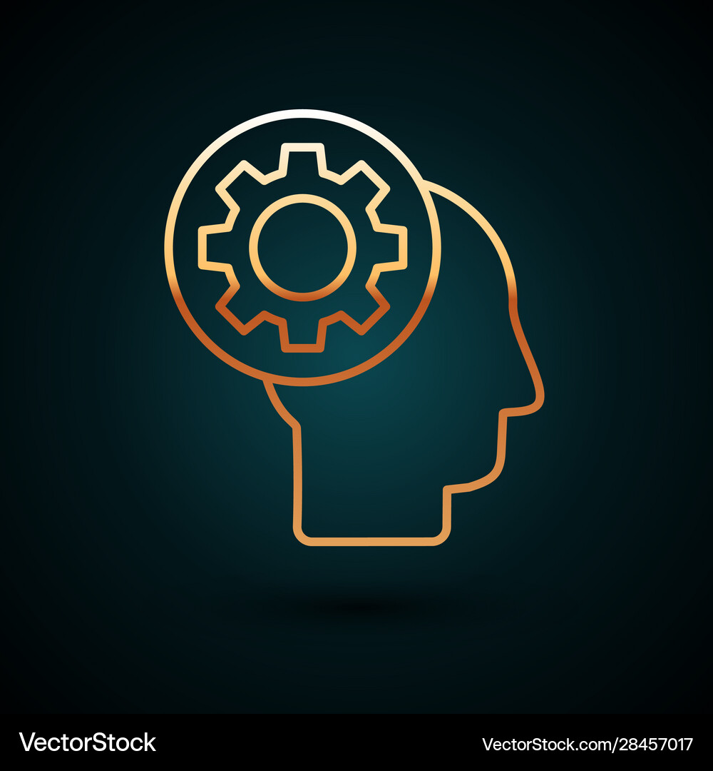 Gold line human head with gear inside icon Vector Image