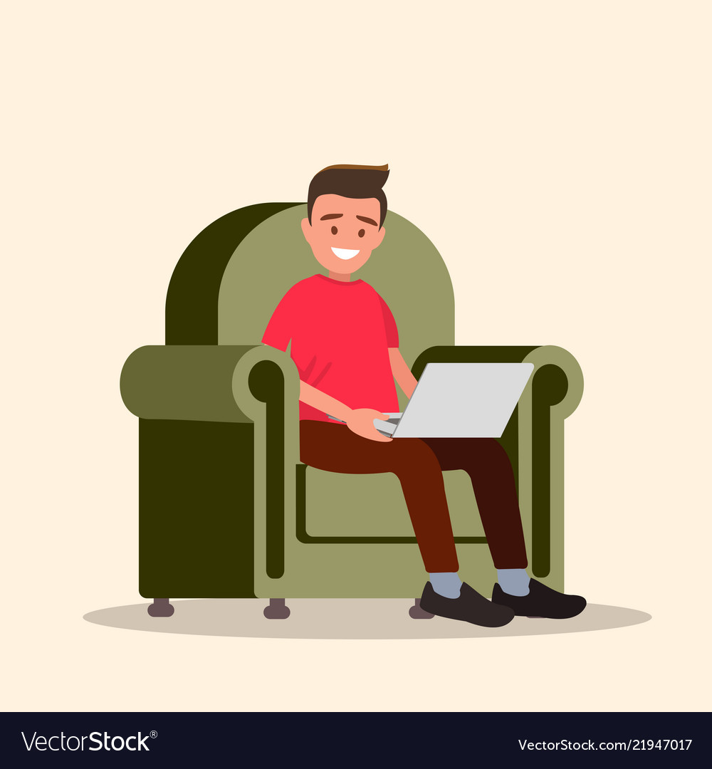 Man with laptop in hands sitting in a chair Vector Image