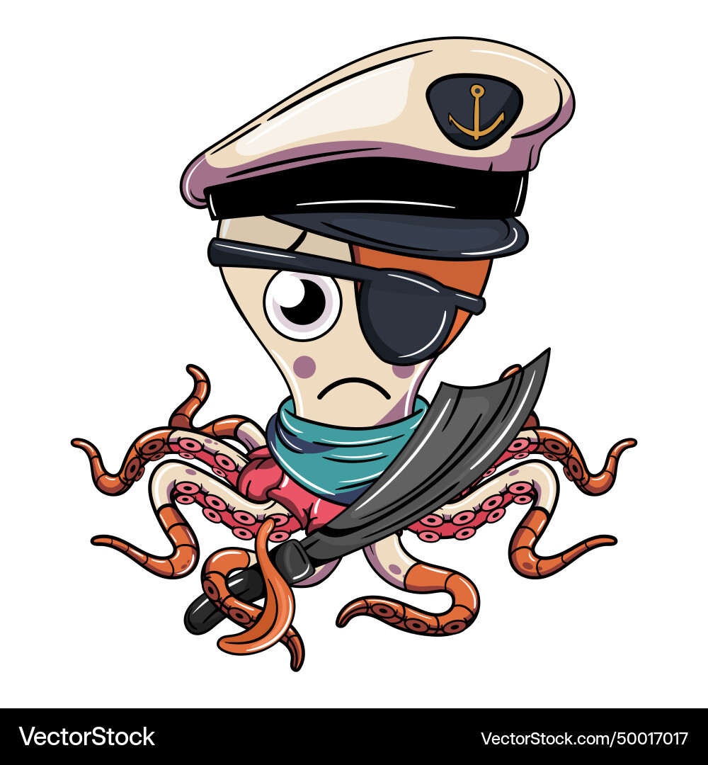 Octopus cartoon comic captain sailor cyborg with Vector Image
