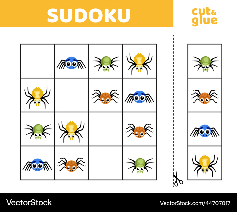 Sudoku for kids with spiders halloween Royalty Free Vector