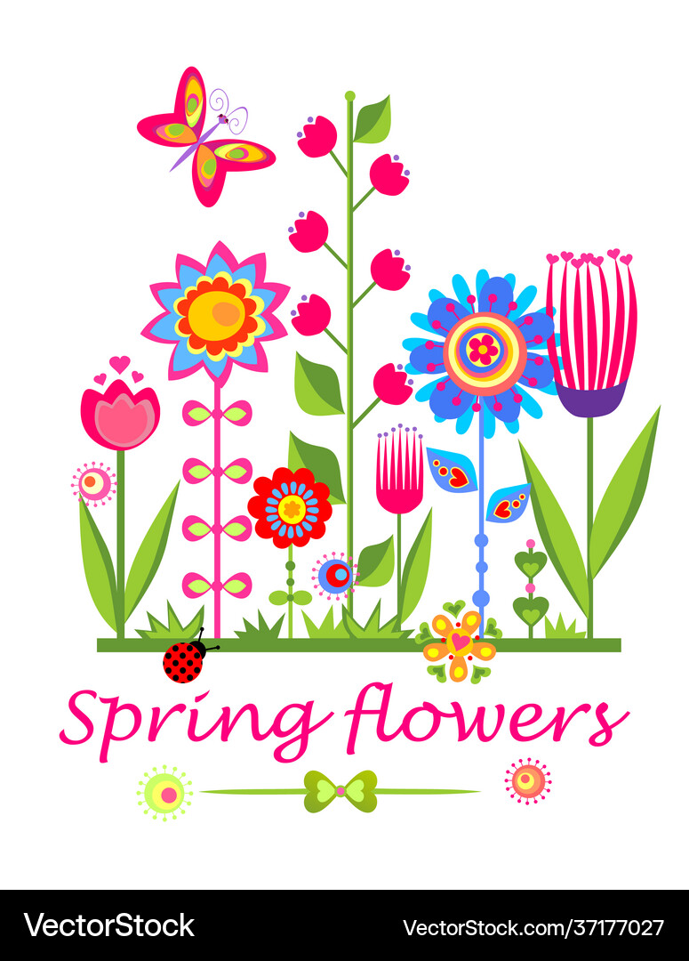 Greeting card with spring funny flowers Royalty Free Vector