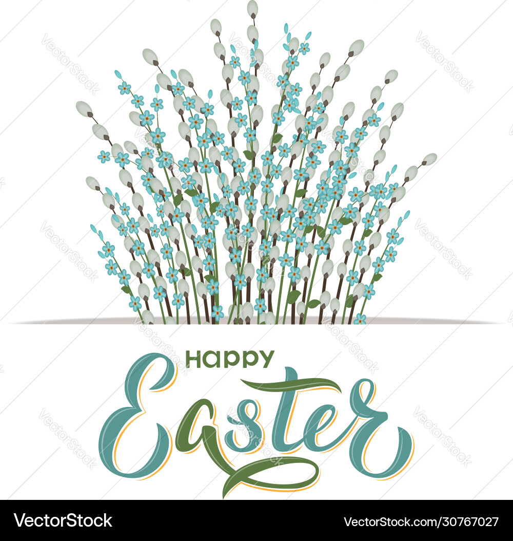 Happy easter hand lettering text with bouquet Vector Image
