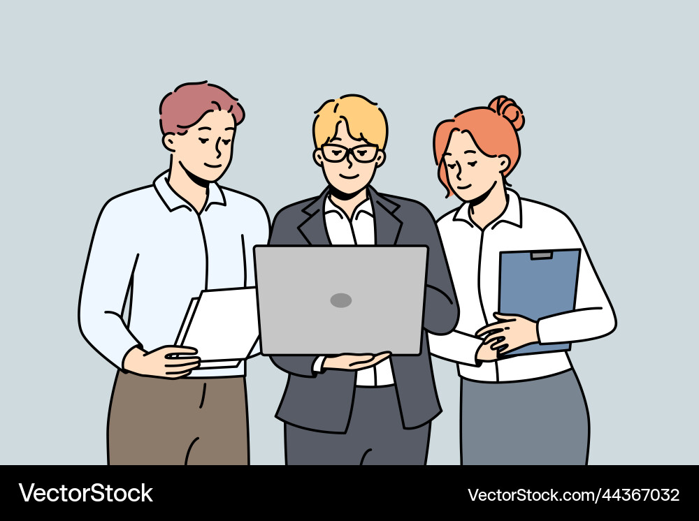 Business people stand together look to computer Vector Image