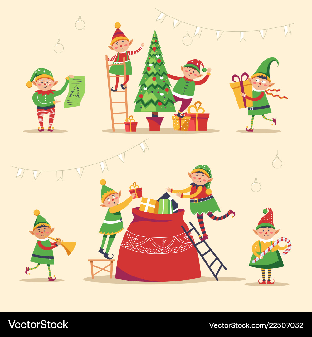 Christmas winter holiday elves getting ready for Vector Image
