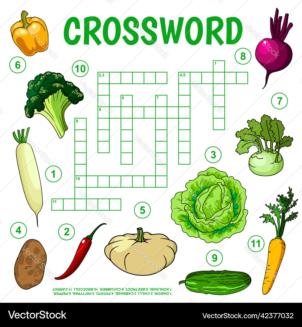 Raw farm vegetables crossword grid worksheet Vector Image