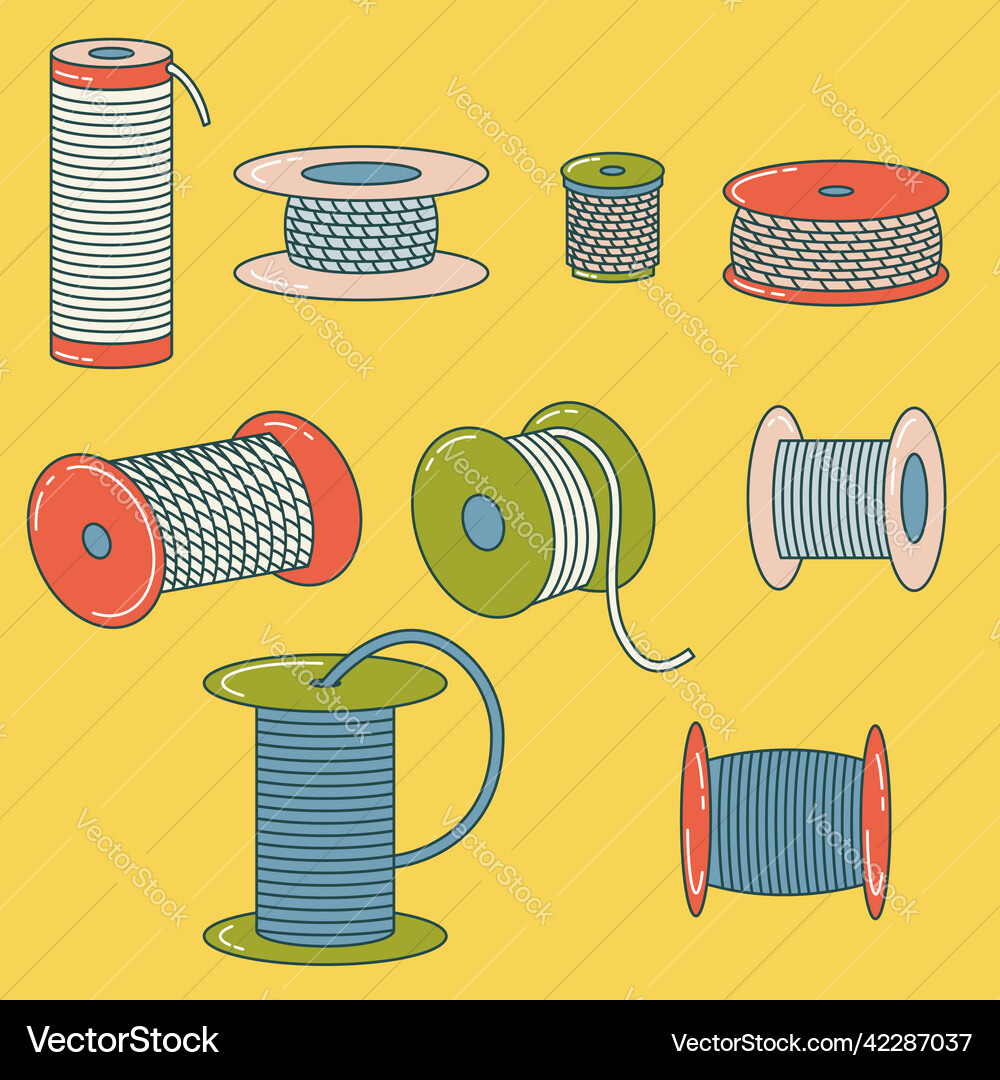 Set of wire spools thread alloy rope reel Vector Image