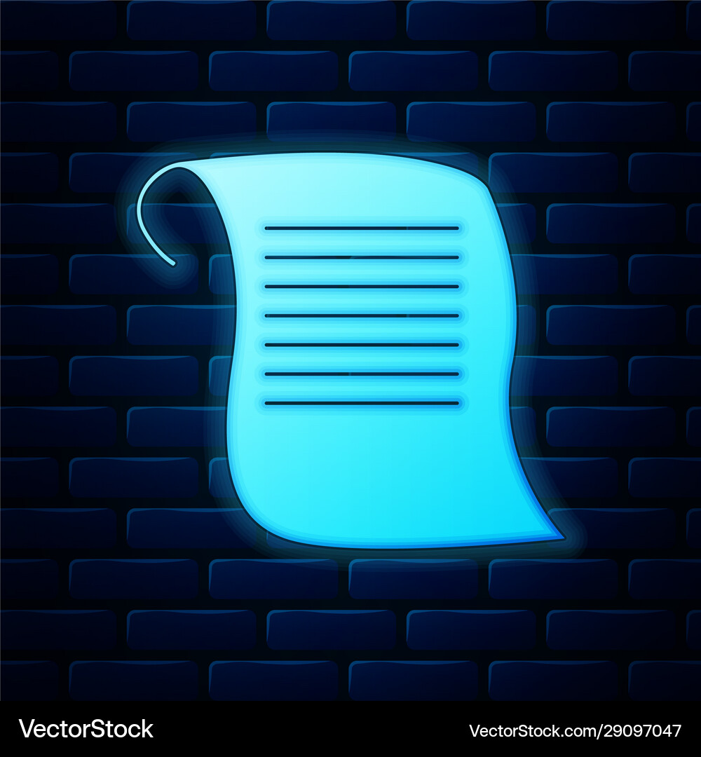 Glowing neon paper scroll icon isolated on brick Vector Image