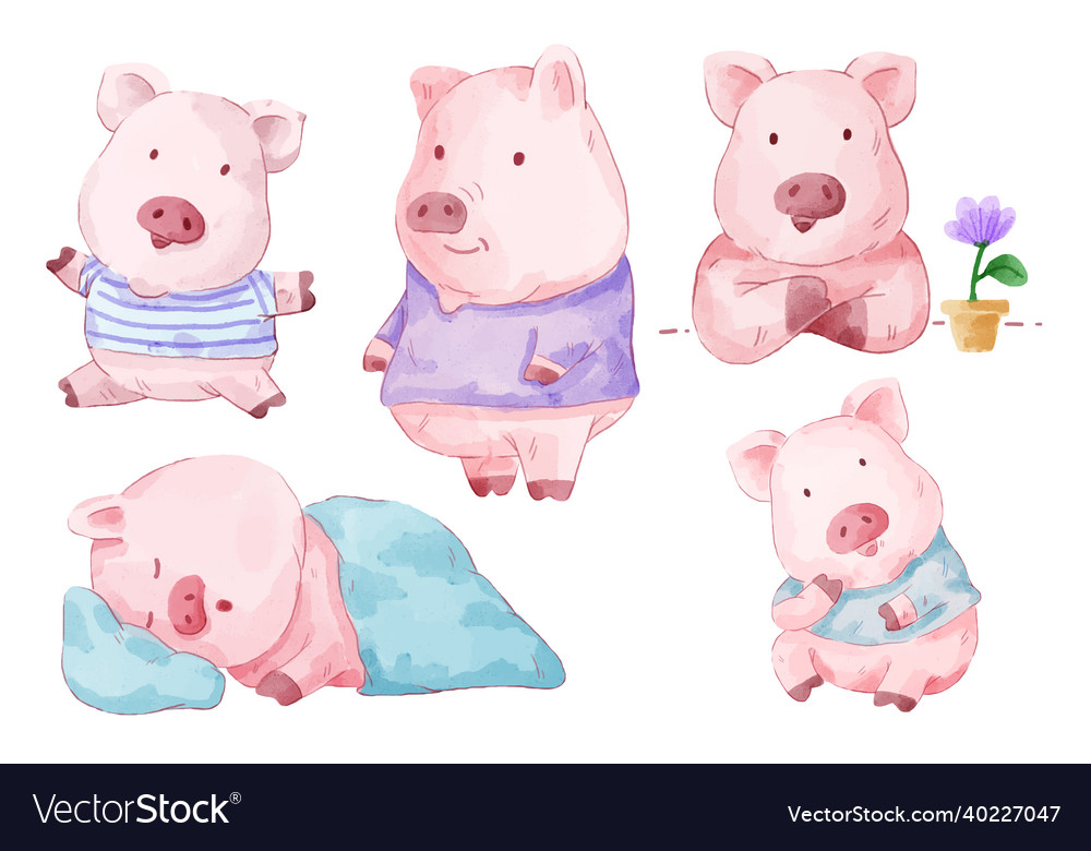 Watercolor set of adorable pig for your design Vector Image