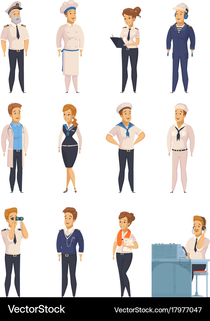 Yacht ship cartoon characters set Royalty Free Vector Image
