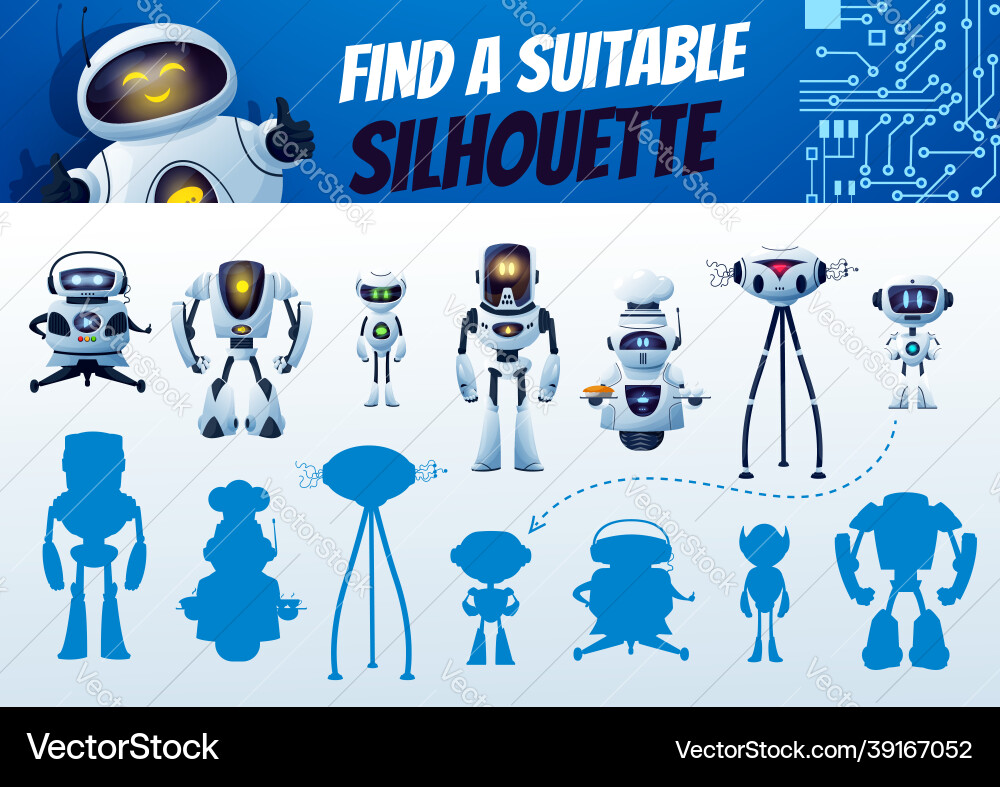 Find a robot silhouette maze game shadow match Vector Image