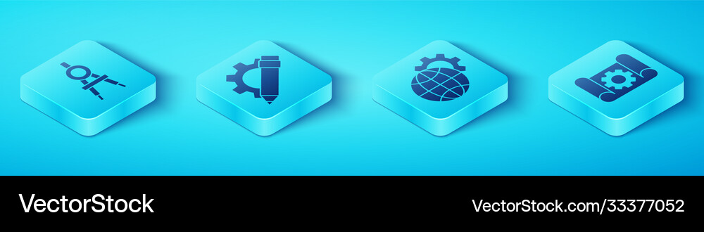 Set isometric drawing compass pencil and gear Vector Image