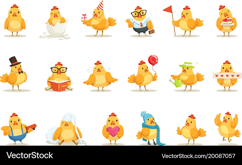 Little yellow chicken chick different emotions and