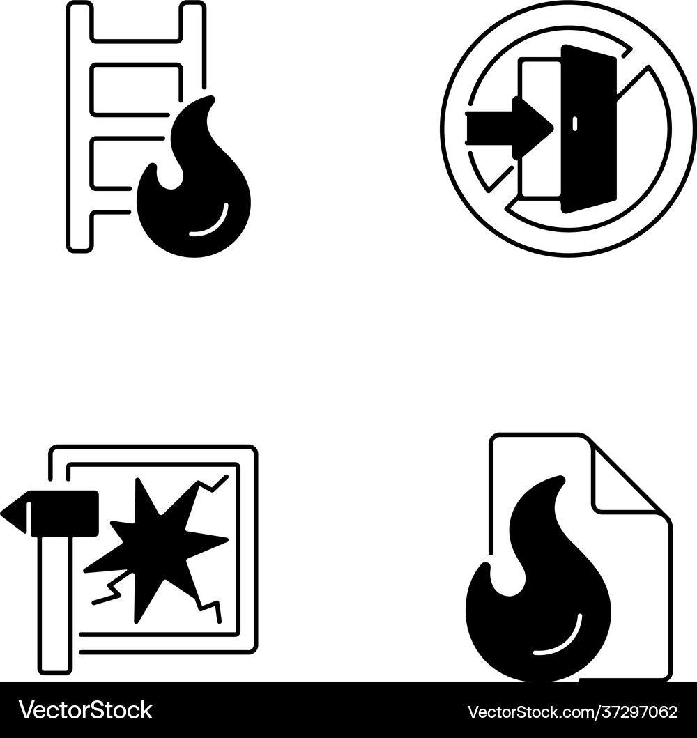 Fire safety regulations black linear icons set Vector Image