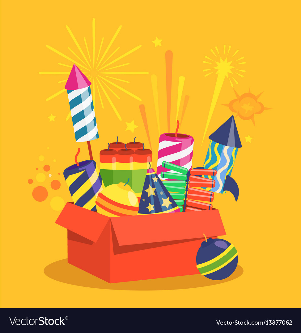 Fireworks and pyrotechnics in box on yellow Vector Image