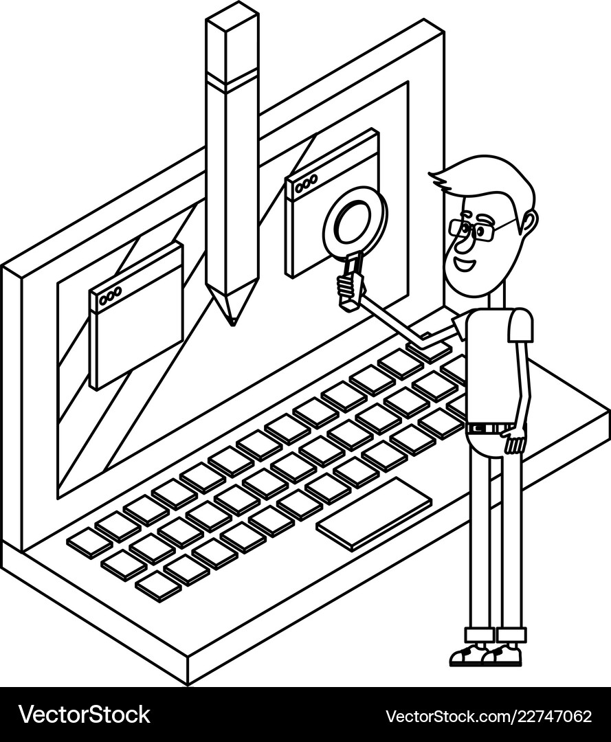 Man with laptop black and white Royalty Free Vector Image