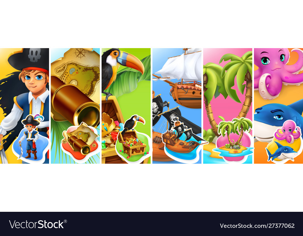 Pirates boy spyglass and map treasure chest ships Vector Image