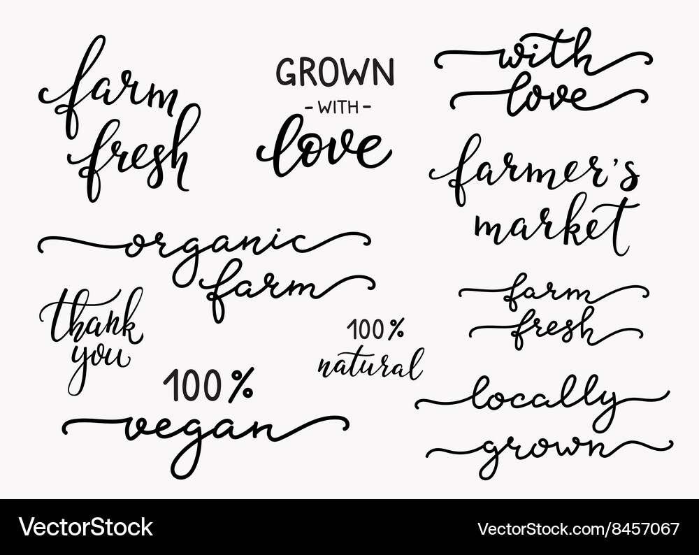 Hand written organic farm messages set Royalty Free Vector