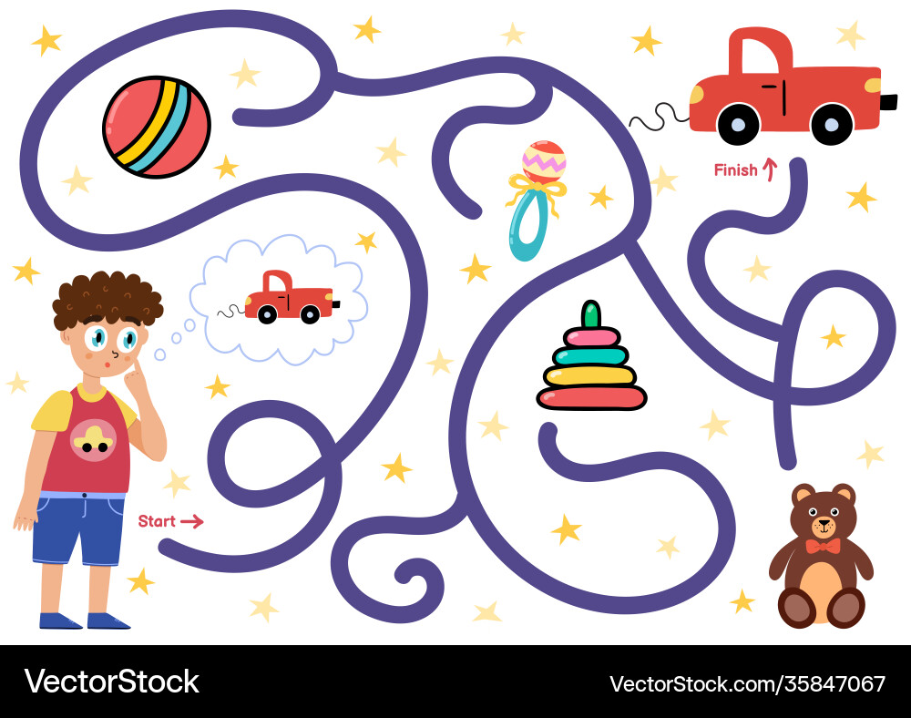 Help boy find path to toy car choose Royalty Free Vector