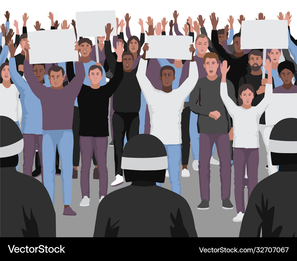 Protesting people with hands up and police Vector Image