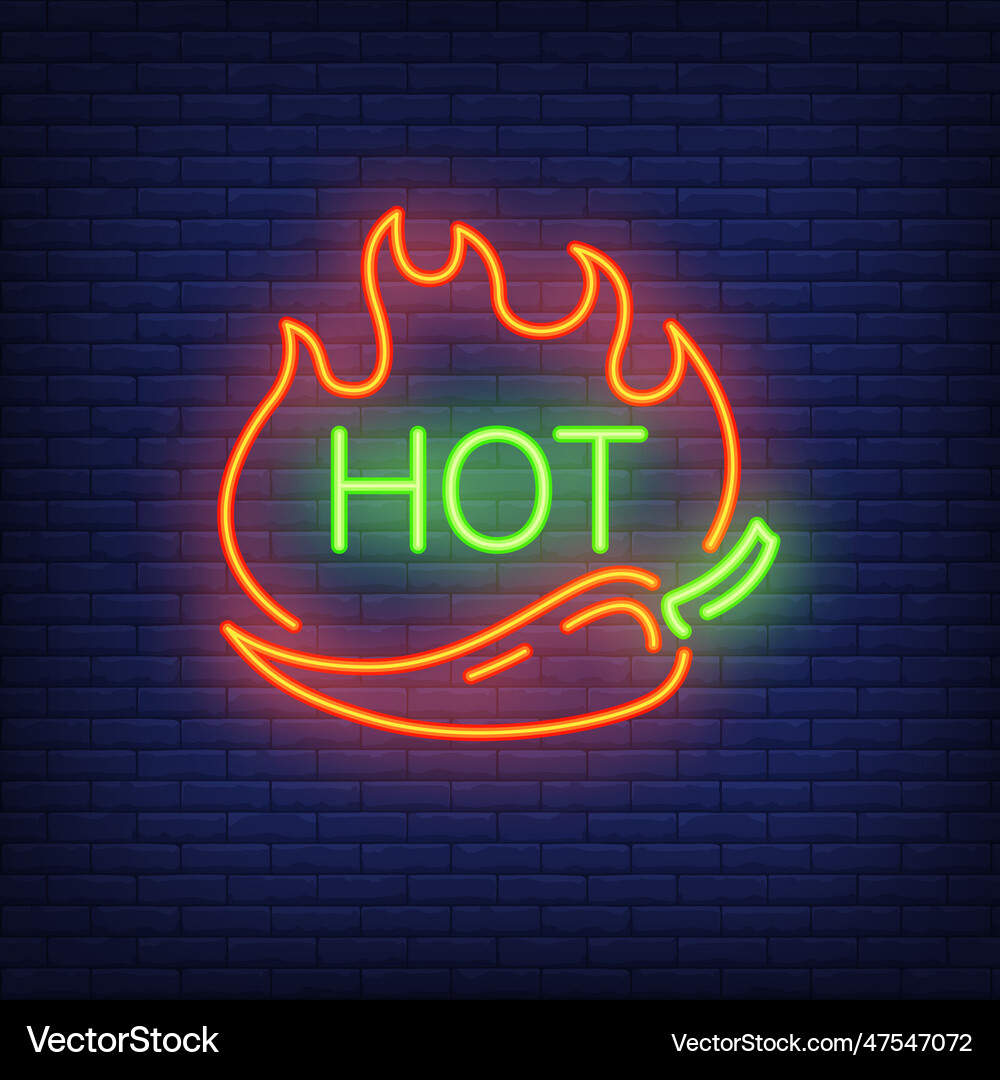 Hot chili neon sign with fire Royalty Free Vector Image