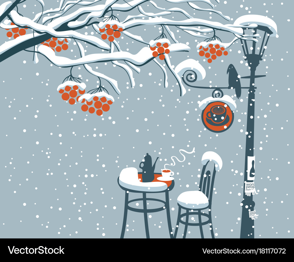 Winter street cafe under rowan tree with lamppost Vector Image