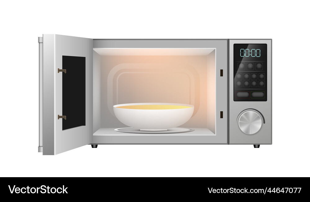 Realistic microwave with open door and plate Vector Image