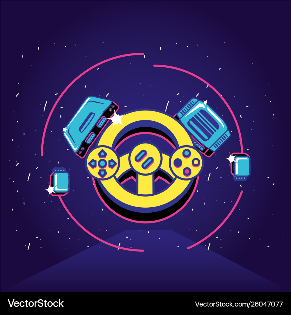 Video game with steering wheel retro style Vector Image