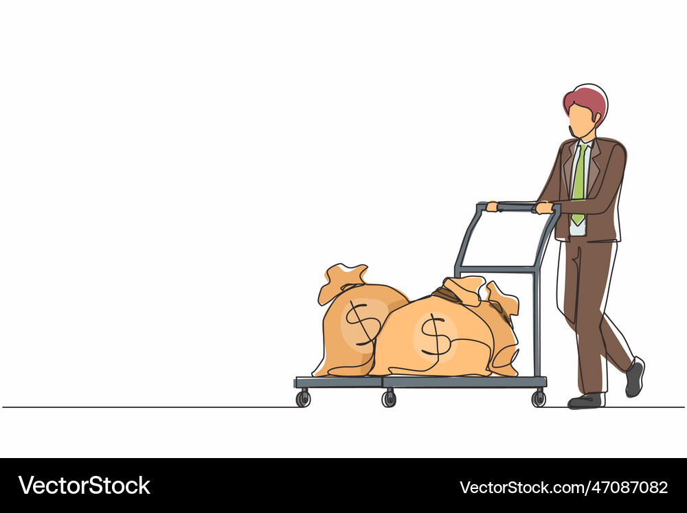 Continuous one line drawing businessman push cart Vector Image