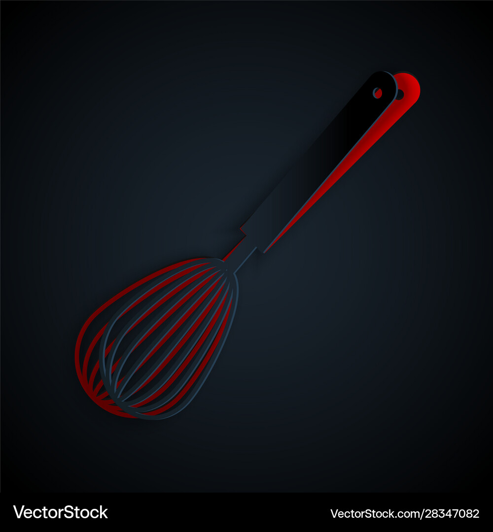 Paper cut kitchen whisk icon isolated on black Vector Image