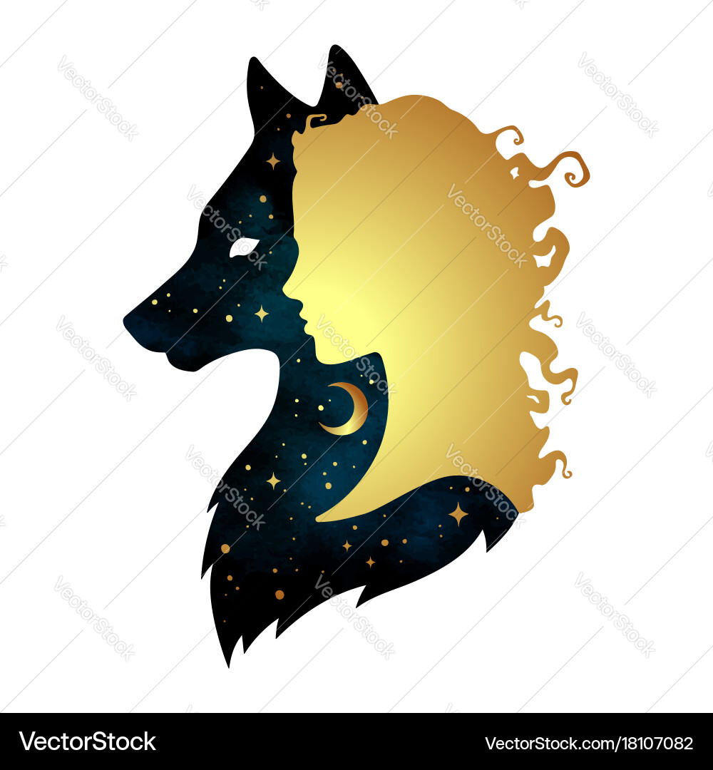 Silhouette beautiful woman with shadow wolf Vector Image