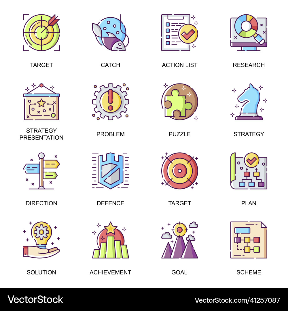 Business strategy flat icons set Royalty Free Vector Image