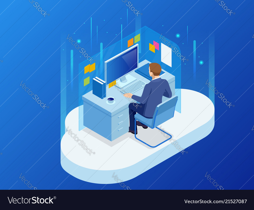 Isometric man working with a cloud technology a Vector Image
