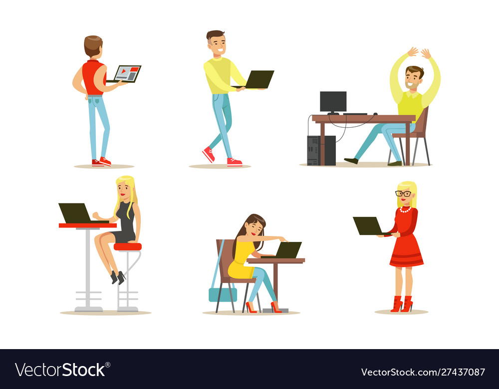 People using laptop computers set young men and Vector Image