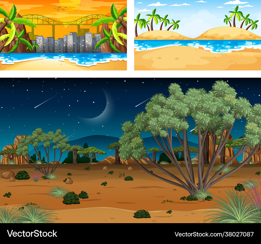 Three different nature landscape scenes Royalty Free Vector