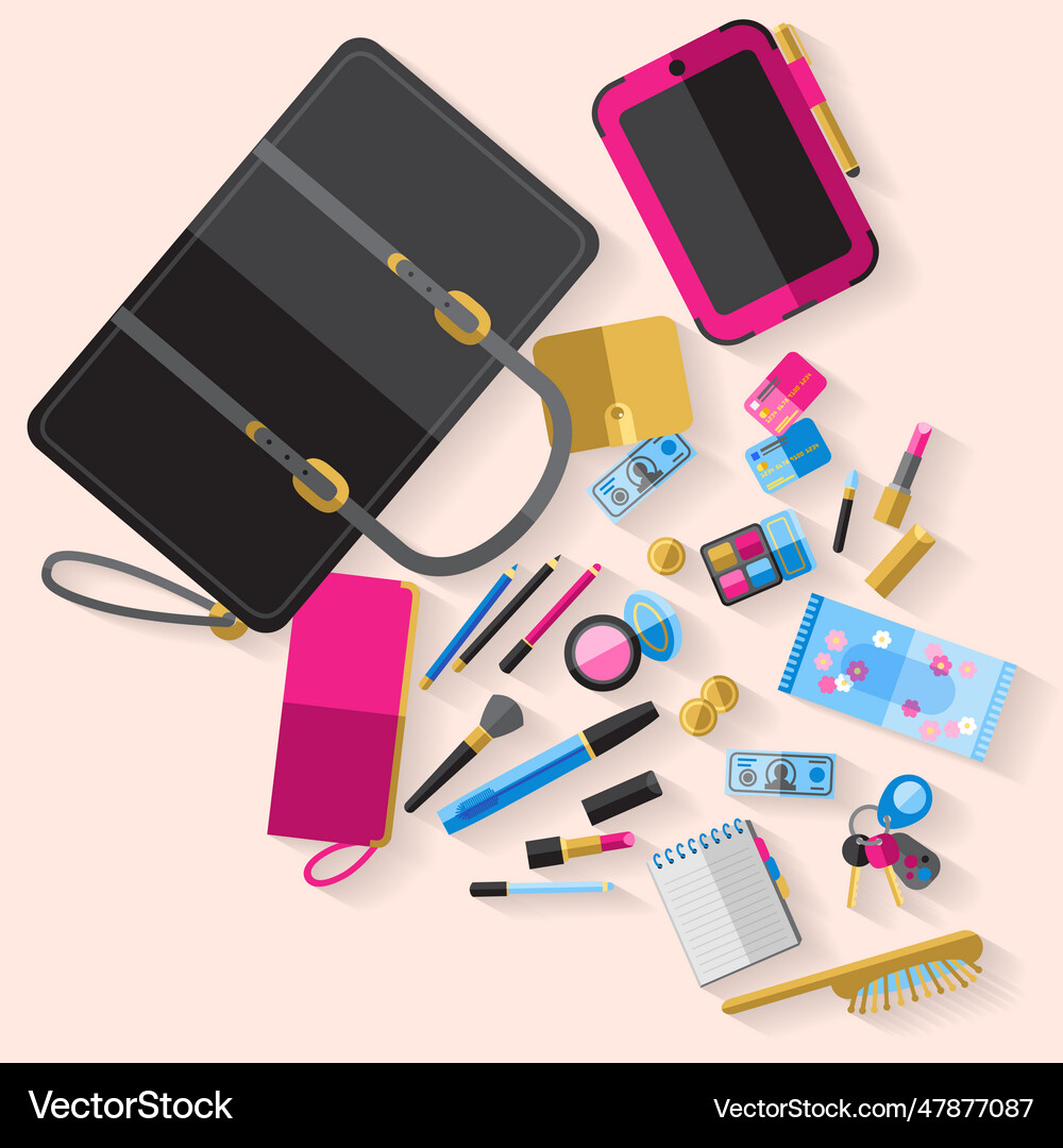 Woman open handbag content flat poster open Vector Image