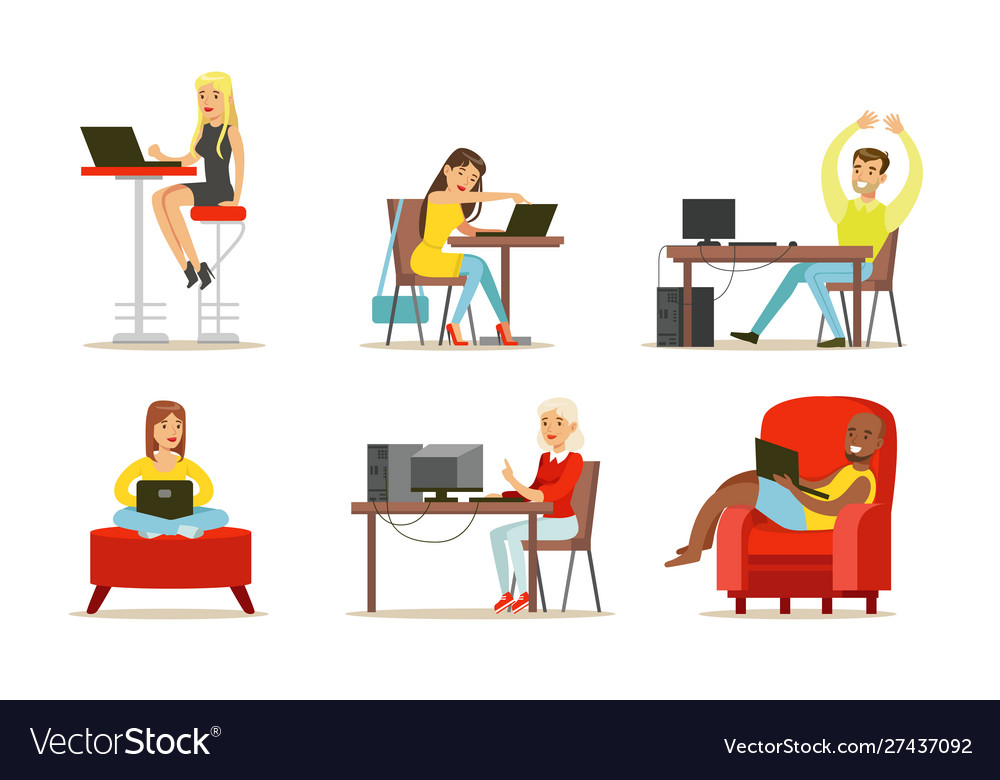 People using laptop computers set young men and Vector Image