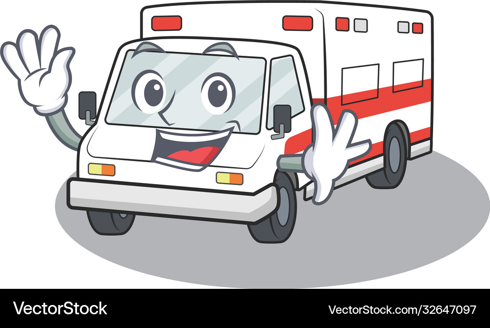 Waving friendly ambulance cartoon character Vector Image