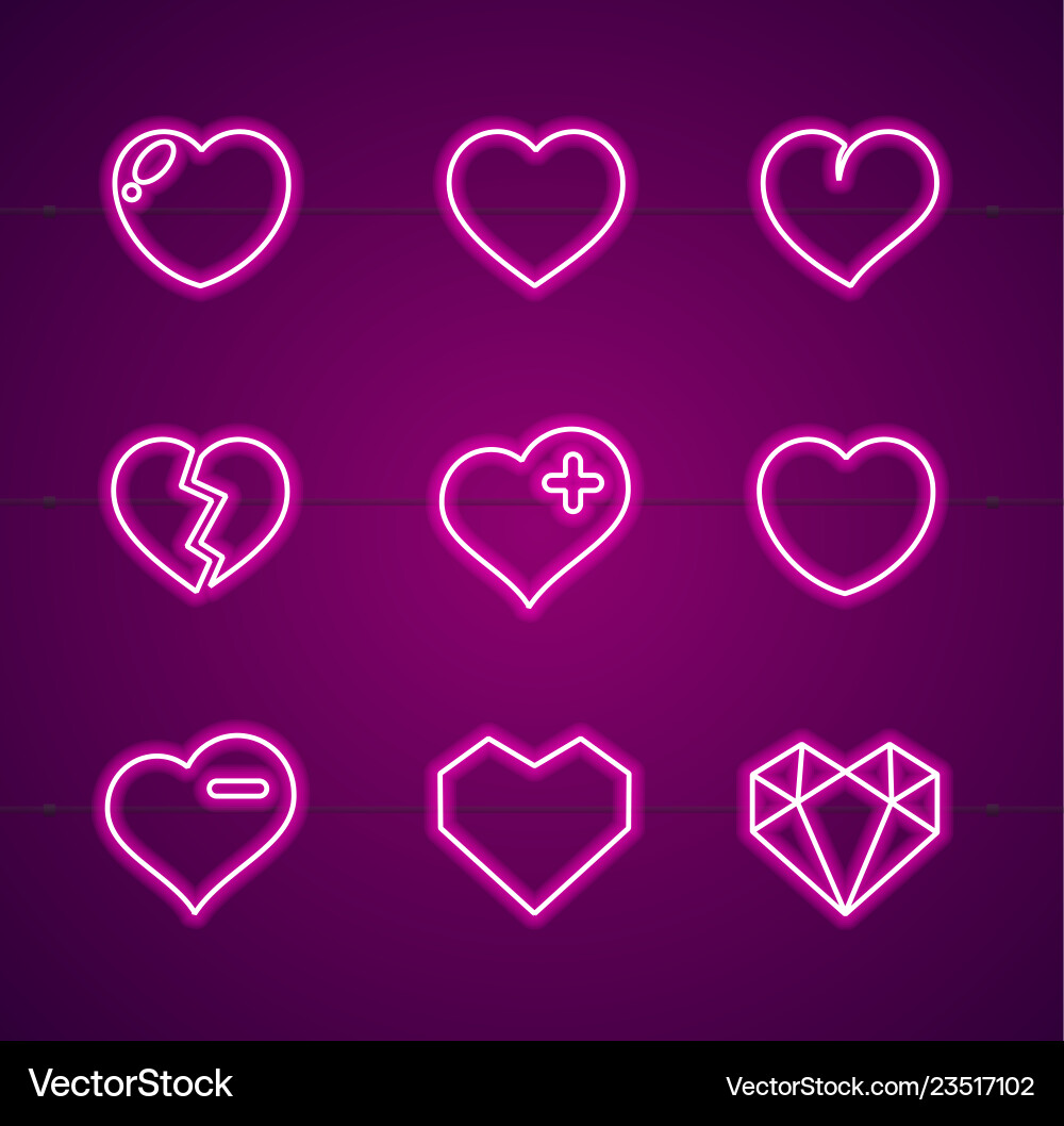 Heart neon signs thin line icon set Royalty Free Vector
