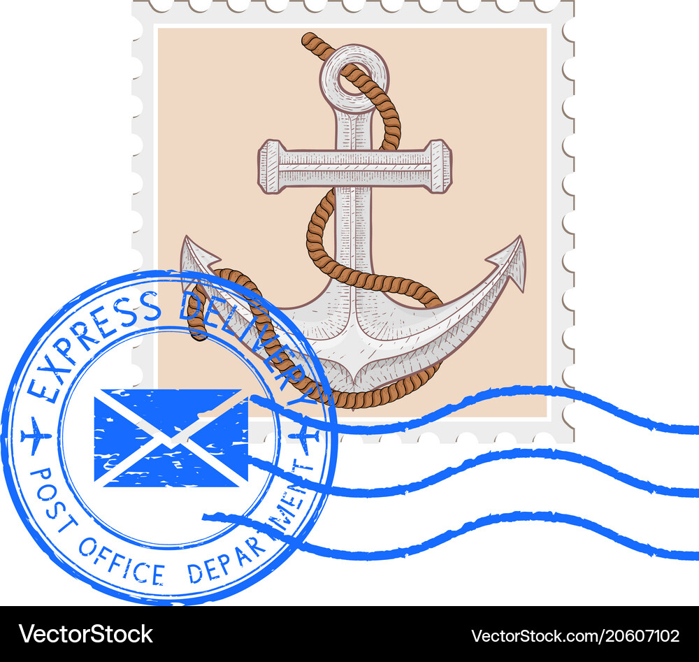 Postal stamp with anchor and blue round postmark Vector Image